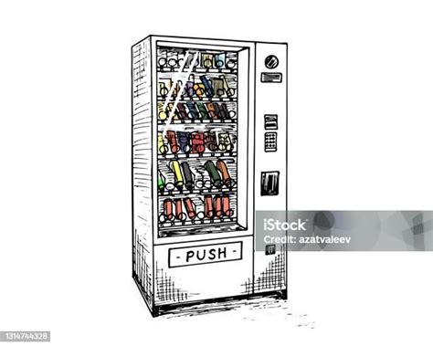 음료 병과 캔 손으로 그린 스케치 자동 판매기 자동 색의 간식 및 음료 판매 기계 등색 보기 흑백 벡터 격리 Eps 일러스트레이션 동전에 대한 스톡 벡터 아트 및 기타