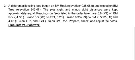 Solved 3 A Differential Leveling Loop Began On BM Rock Chegg Com