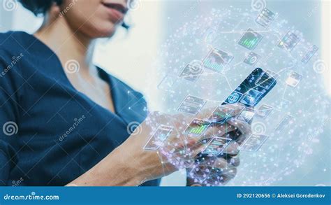 Virtual Connection Visualization Concept Close Up Of The Anonymous Businesswoman Using