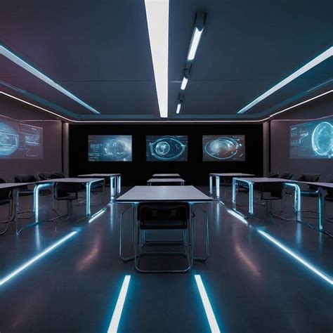 A Futuristic Classroom With Holographic Displays Virtual Reality Integrated Premium Ai