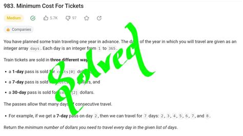 Hindi 983 Minimum Cost For Tickets Leetcode Dynamic Programming