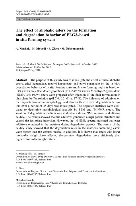 Pdf The Effect Of Aliphatic Esters On The Formation And Degradation Behavior Of Plga Based In
