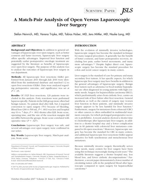 Pdf A Match Pair Analysis Of Open Versus Laparoscopic Liver Surgery