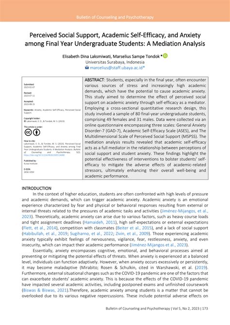 Pdf Perceived Social Support Academic Self Efficacy And Anxiety