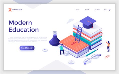 학생이 졸업 모자를 쓴 책 더미를 오름차순으로 하는 랜딩 페이지 템플릿입니다 현대 교육의 개념 대학에서 공부 지식 습득 아이소 메트릭 벡터 그림입니다 3차원 형태에 대한