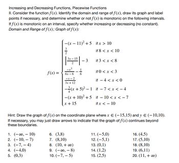 Answered: Increasing and Decreasing Functions, Piecewise Functions II. Consider the function f(x ...