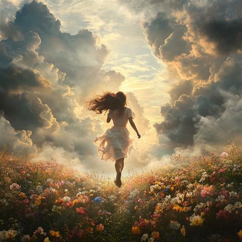 한 여인이 꽃이 만발한 초원 위를 달리고 있다 그녀는 구름 사이로 비치는 햇빛을 향해 달려가며 뒤쪽 머리 위로는 검은 구름이 괴물 같은 형상으로 따라오고 있다 초원은