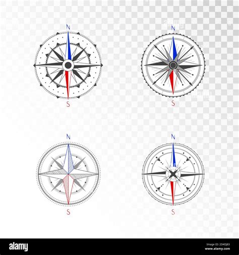 Vector Set Of Vintage Compasses Or Marine Wind Roses Collection In Line Art Style Isolated On