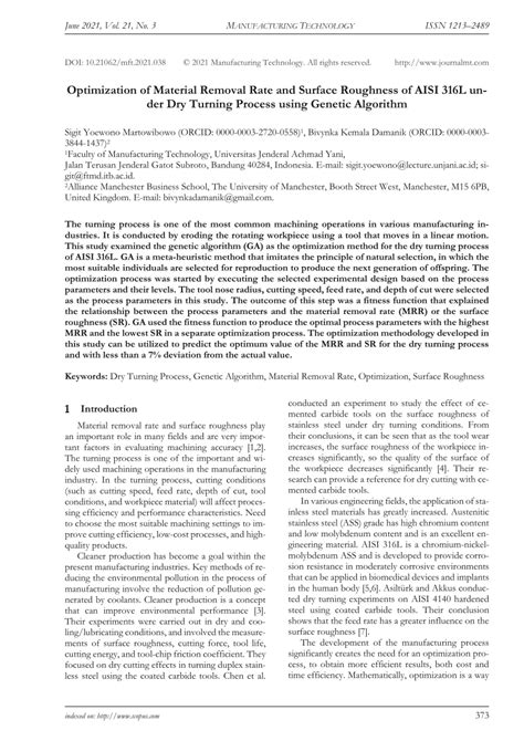 (PDF) Optimization of Material Removal Rate and Surface Roughness of ...