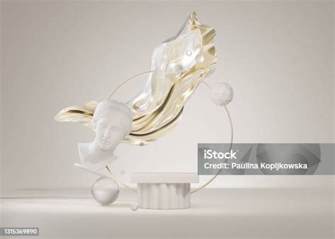3d 배경 베이지 색 돌 연단 기둥 디스플레이 추상금속 골드 프레임 천 비행 고대 기둥 받침대와 여신 동상 화장품 미용 제품