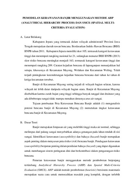 Pdf Pemodelan Kerawanan Banjir Menggunakan Metode Ahp Analythical Hierarchy Process Dan Smce