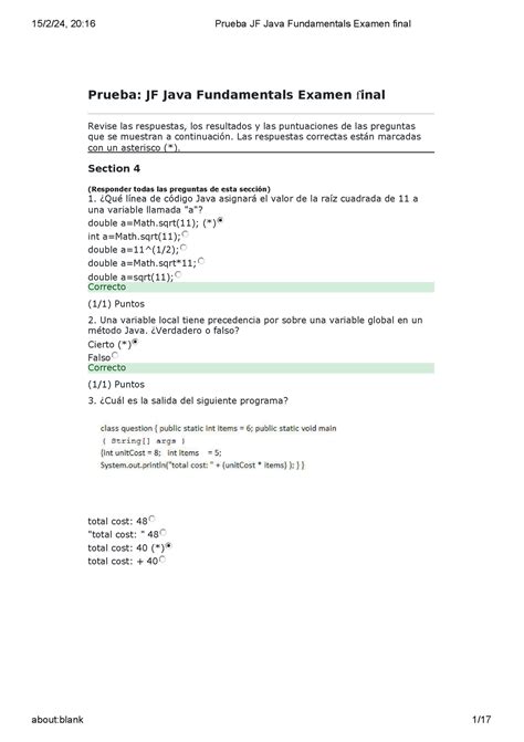 Prueba Jf Java Fundamentals Examen Final Las Respuestas Correctas Están Marcadas Con Un