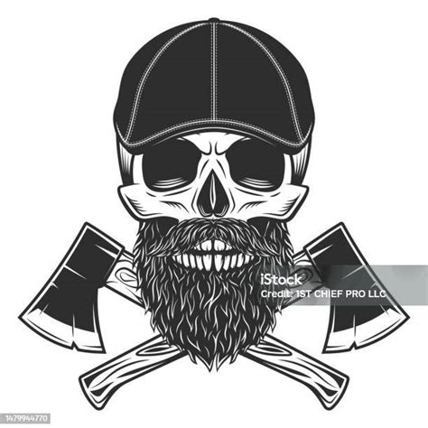 갱스터 개츠비 트위드 모자 플랫 캡 건설 벌목꾼 도끼 목공 서비스 수리 도구 벡터 일러스트 레이 션에 수염과 콧수염을 가진 두개골 갈색에 대한 스톡 벡터 아트 및 기타