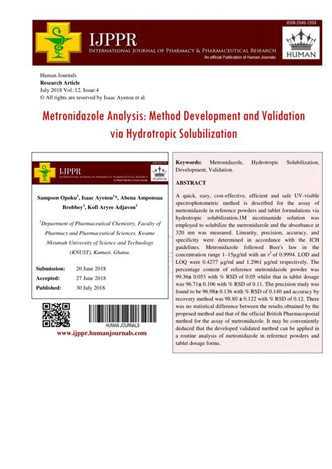 Pdf Metronidazole Analysis Method Development And Validation Via Hydrotropic Solubilization