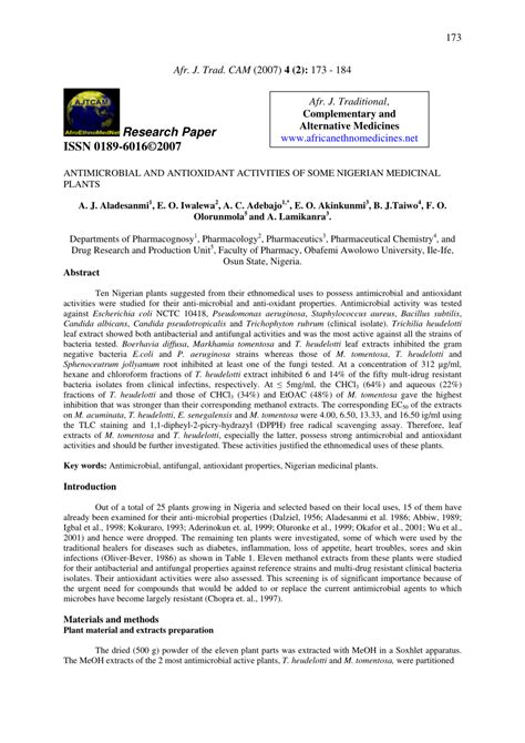 Pdf Antimicrobial And Antioxidant Activities Of Some Nigerian