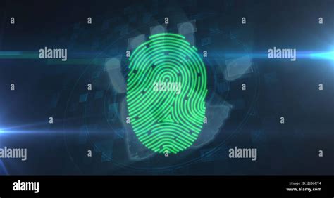 Digital Image Of Human Hand Scanning Over Biometric Fingerprint Scanner Against Blue Background