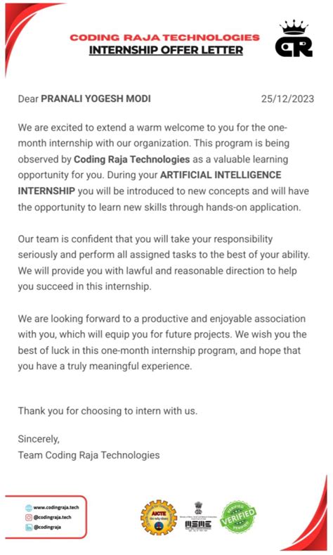 Pranali Modi On Linkedin Internship Ai Codingraja