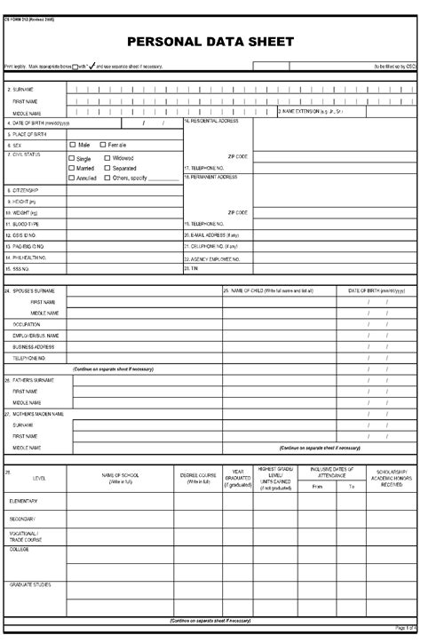 Personal Data Sheet PDS Form Fill Download Online Editable