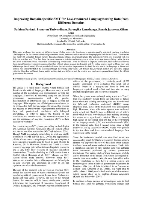 Pdf Improving Domain Specific Smt For Low Resourced Languages Using Data From Different Domains