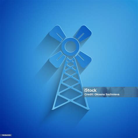 파란색 배경에 격리 된 종이 잘라 풍차 아이콘 종이 아트 스타일입니다 벡터 일러스트레이션 기계 부분에 대한 스톡 벡터 아트 및 기타 이미지 Istock