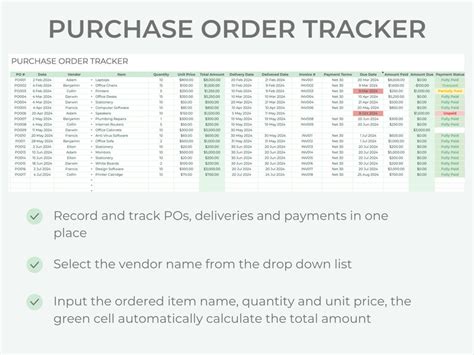 Purchase Order Tracker Spreadsheet Track Orders Deliveries Payments Google Sheets Etsy