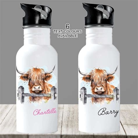 Highland Cow Personalised Water Bottle Cow Bottle With Handle And