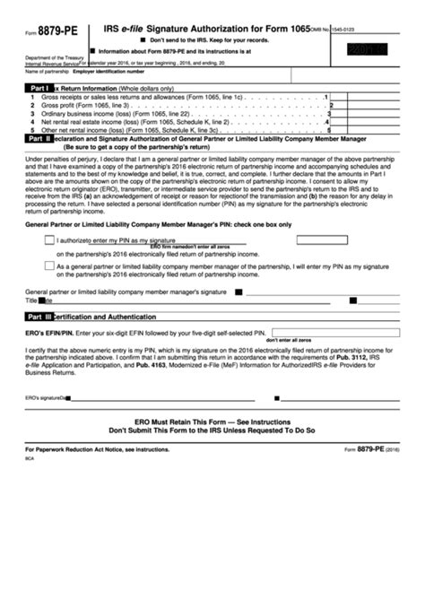 Form 8879 Pe Irs E File Signature Authorization For Form 1065