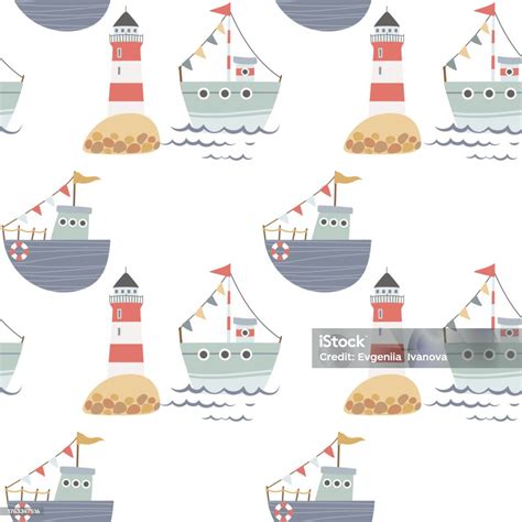 귀여운 선원과 배가 있는 완벽한 배경입니다 창조적 인 아이들의 배경 아기 옷 직물 직물 아기 장식 포장지에 이상적입니다 벡터 일러스트 레이 션 0명에 대한 스톡 벡터 아트