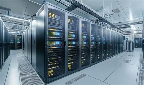 Data Center With Rows Of Server Racks And Advanced Cooling Systems Stock Image Image Of