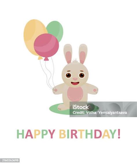 어린이 귀여운 인사말 카드 생일 축하해요 벡터 일러스트 레이 션입니다 풍선을 가진 귀여운 토끼입니다 가공의 인물에 대한 스톡 벡터 아트 및 기타 이미지 Istock