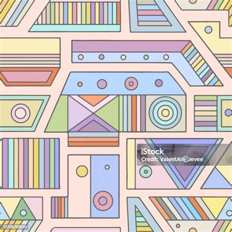 다른 기하학적 형태와 기하학적 벡터 원활한 패턴 정사각형 삼각형 사각형 점 원 현대적인 테크노 디자인 추상 배경입니다 그래픽 컬러풀 일러스트 0명에 대한 스톡 벡터 아트 및