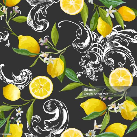 노란색 레몬 과일 꽃 잎 레몬 벽지 직물 인쇄에 대 한 꽃 배경으로 빈티지 Barocco 디자인으로 완벽 한 패턴입니다 벡터 일러스트 고철에 대한 스톡 벡터 아트 및 기타