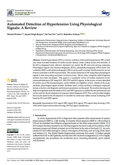 Pdf Automated Detection Of Hypertension Using Physiological Signals