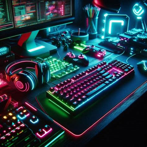 View Of Illuminated Neon Gaming Keyboard Setup And Controller Premium