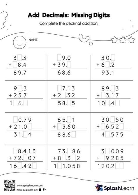 Add Decimals Missing Digits Worksheet