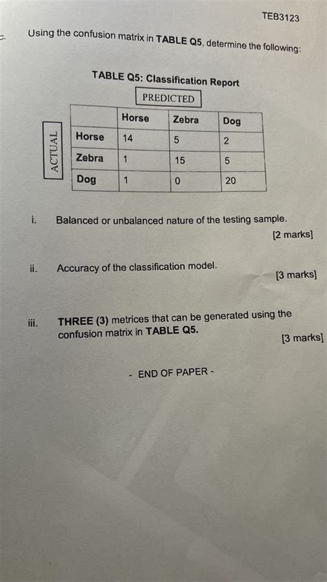 solved teb3123 using the confusion matrix in table q5