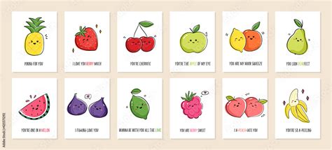 Vetor De Set Of Greeting Cards Punny Fruits With Cute Fruits And Funny