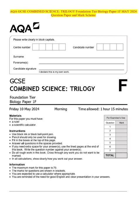 AQA GCSE COMBINED SCIENCE TRILOGY Foundation Tier Biology Paper 1F MAY 2024 Question Paper And