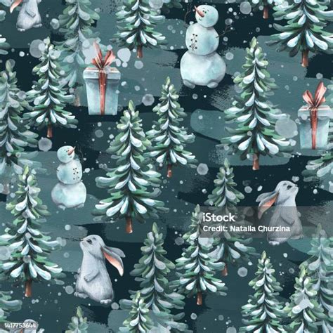 크리스마스 트리 눈사람 토끼 선물 어두운 배경에 눈이 내리는 겨울 숲 수채화 그림 아늑한 겨울의 큰 세트에서 매끄러운 패턴 새해와 크리스마스 고풍스런에 대한 스톡 벡터 아트