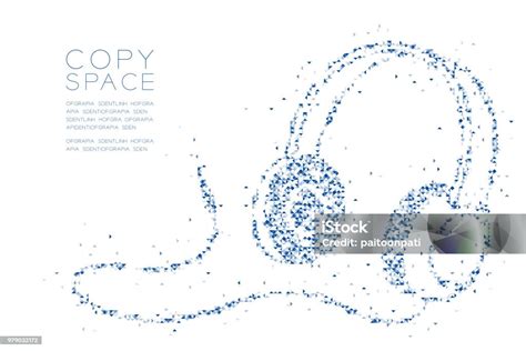 추상적인 기하학적 낮은 다각형 사각형 상자 픽셀 및 삼각형 패턴 헤드폰 모양 음악 악기 개념 디자인 복사 공간 벡터 Eps 10 흰색 바탕에 파란색 그림 귀 부분에 대한