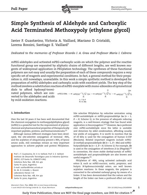 Pdf Simple Synthesis Of Aldehyde And Carboxylic Acid Terminated Methoxypoly Ethylene Glycol