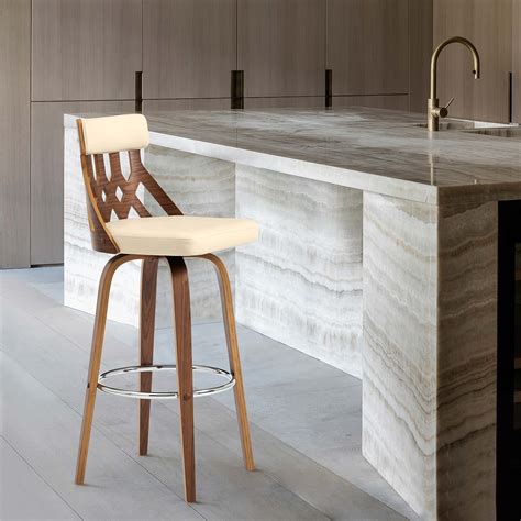 Crux 30 Swivel Bar Stool In Cream Faux Leather And Walnut Wood At Futonland