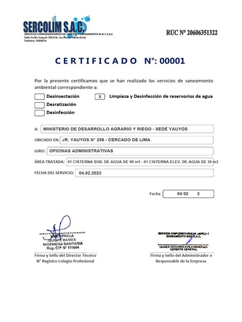 Certificado De Saneamiento 001 Midagri Sede Yauyos Lavado Y
