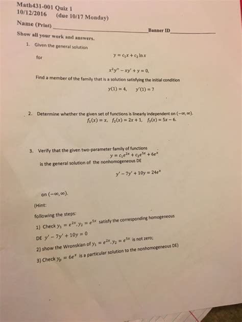 solved given the general solution y c 1x c 2 ln x for