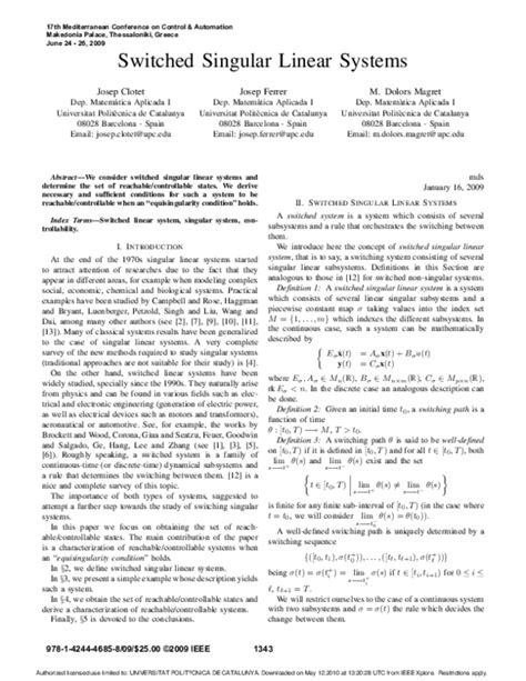 Pdf Switched Singular Linear Systems