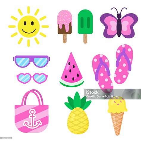 여름과 휴가 요소의 세트 웃는 태양 아이스크림 선글라스 나비 수박 플립 플롭 비치 백 및 파인애플 스티커 옷 계절 디자인 및 장식에 대한 일러스트레이션 가방에 대한 스톡