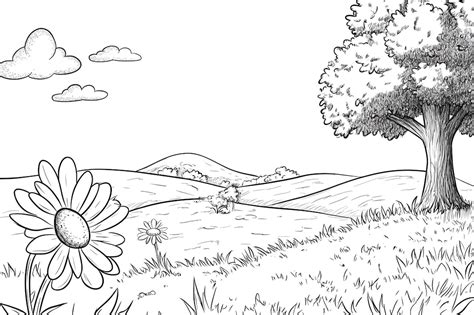 A Simple Black And White Drawing Of A Meadow With A Large Daisy In The