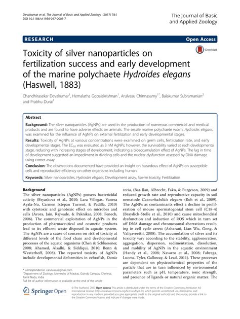 Pdf Toxicity Of Silver Nanoparticles On Fertilization Success And