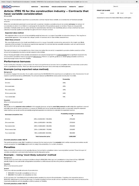 Article Ifrs 15 For The Construction Industry Contracts That Have Variable Consideration Pdf
