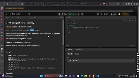 2401 Longest Nice Subarray Leetcode Daily Sliding Window Youtube